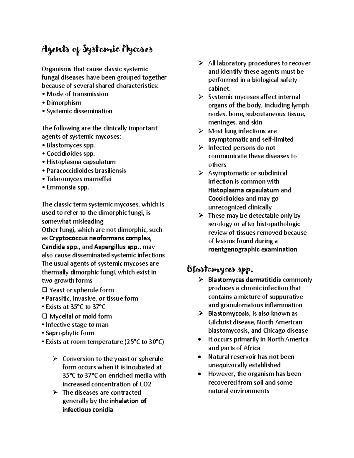 Chapter 6 trans myco - Agents of Systemic Mycoses Organisms that cause ...