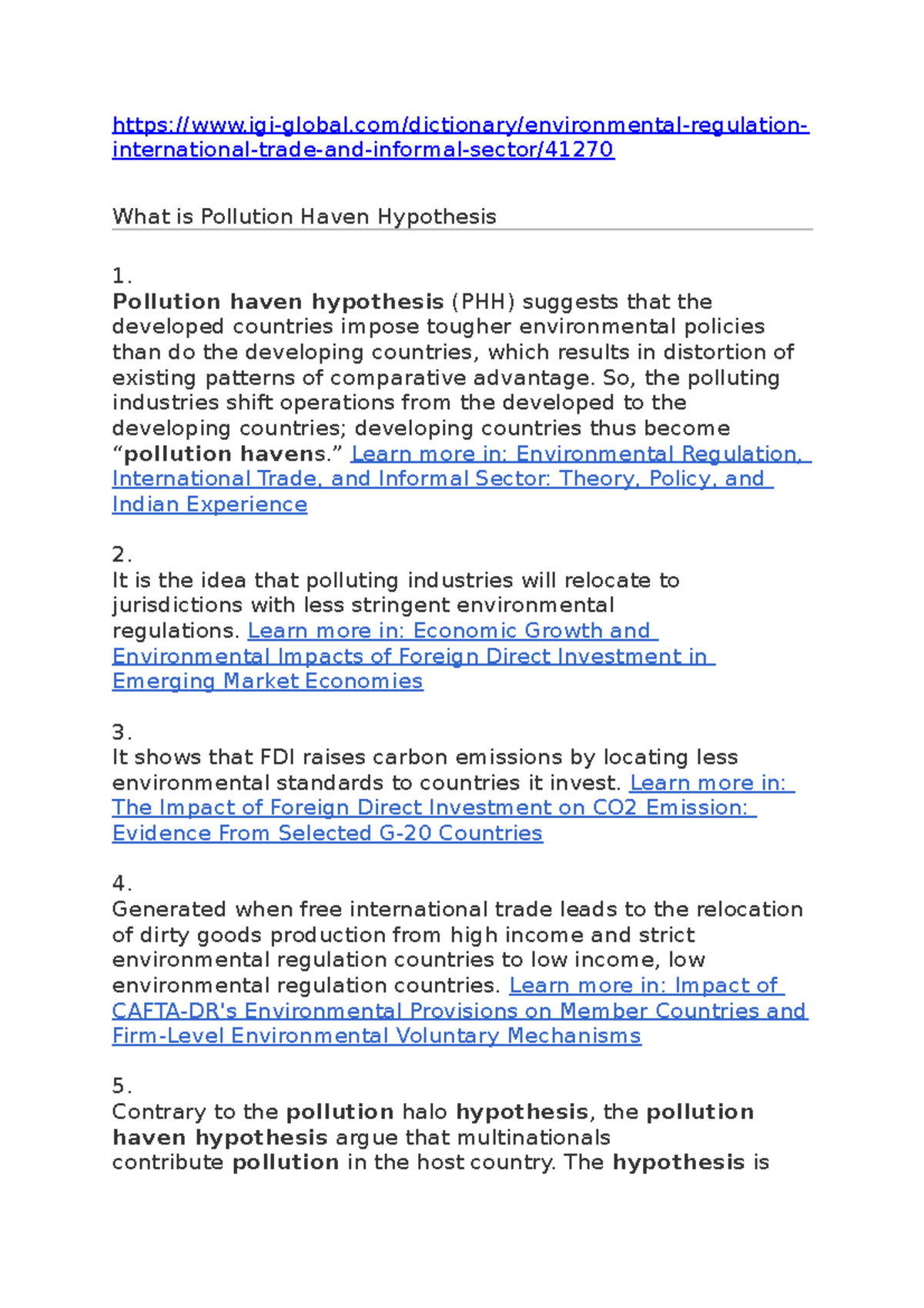 Week 4 - PPH - Pollution haven hypothesis (PHH) suggests that the ...
