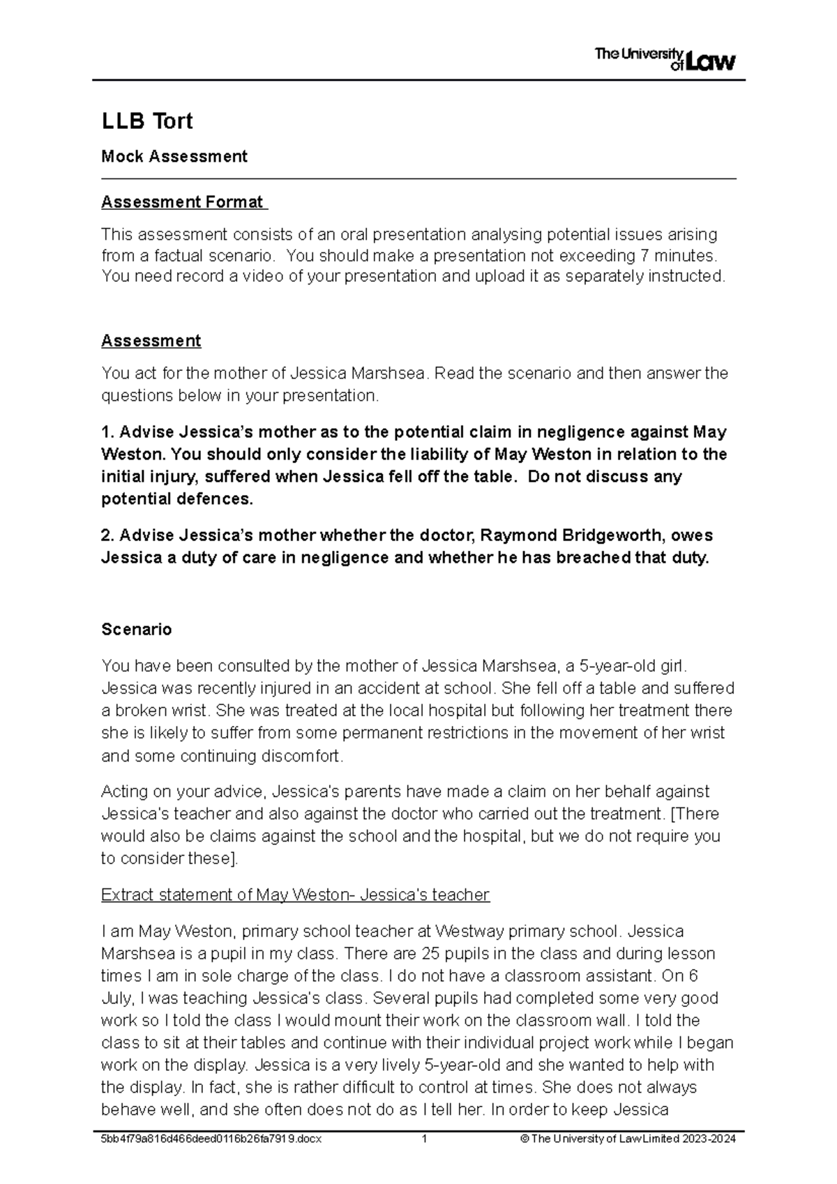 Tort law mock - mock - LLB Tort Mock Assessment Assessment Format This ...