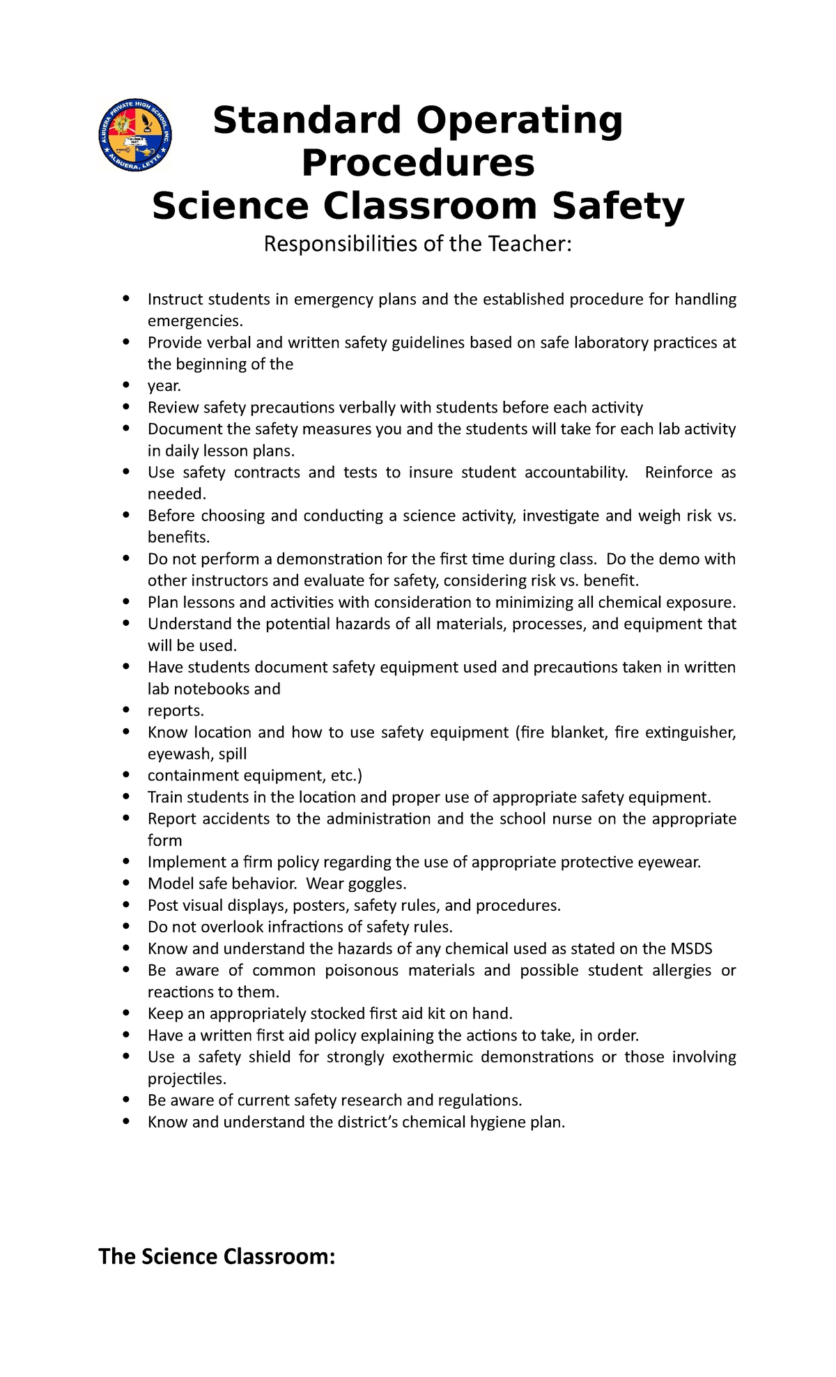 Standard Operating Procedures in Science Lab - Standard Operating ...