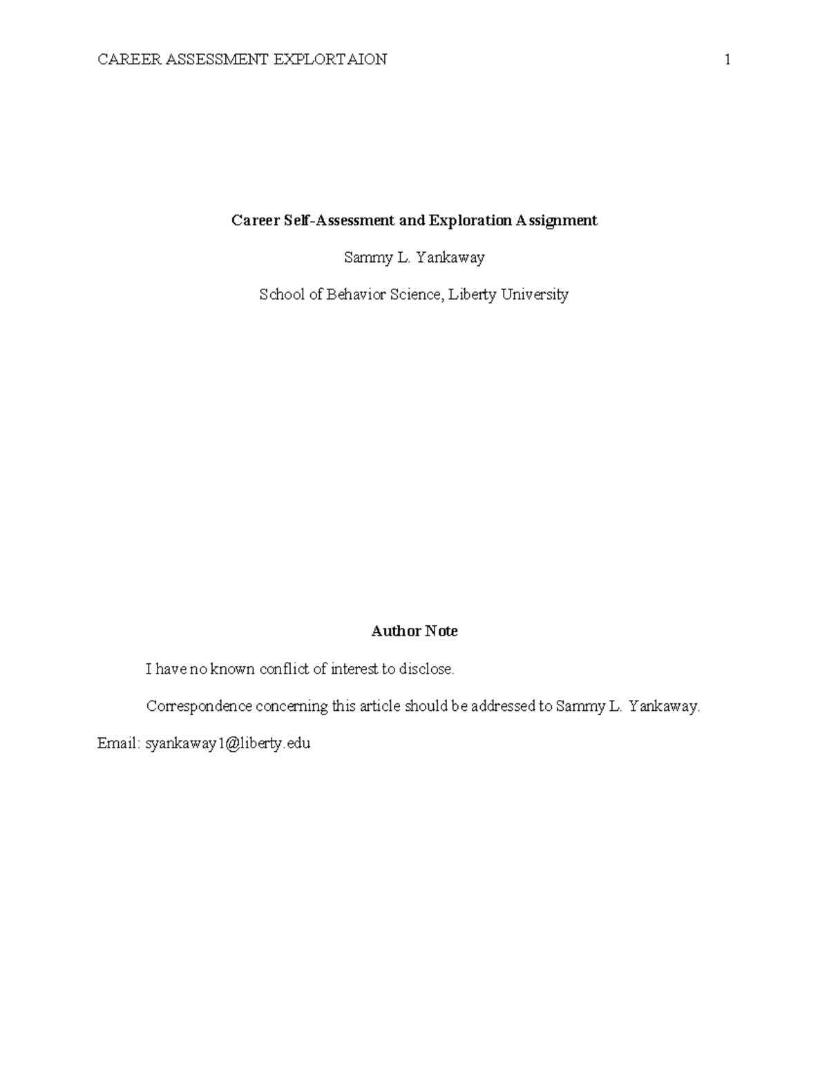 Yankaway Sammy Career Self Assessment Paper - Career Self-Assessment ...