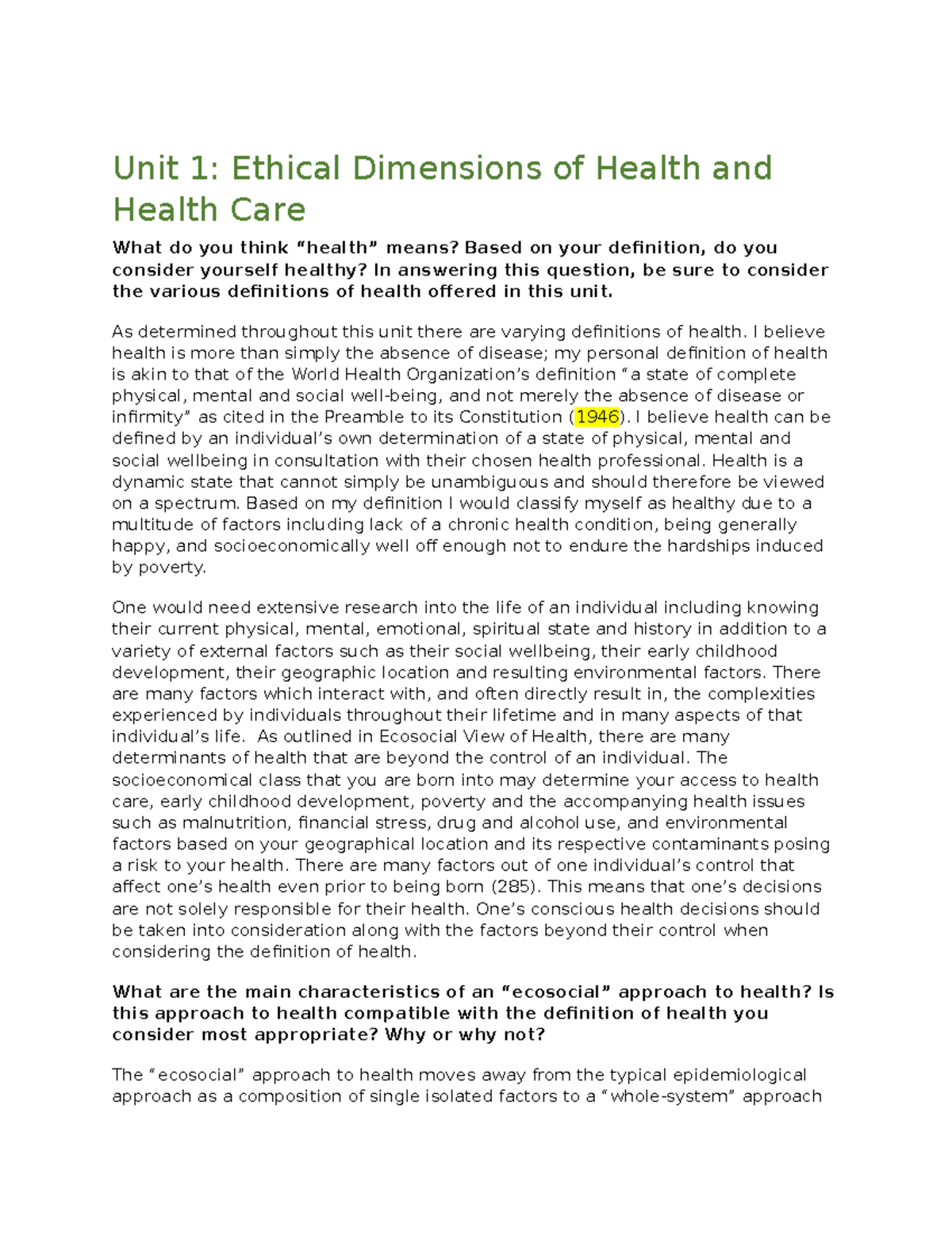 Unit 1 Discussion Questions - Unit 1: Ethical Dimensions of Health and ...
