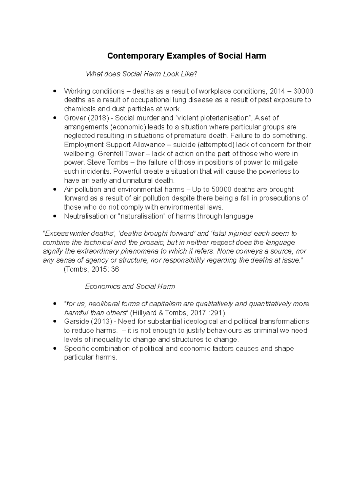 Contemporary Examples of Social Harm - Grover (2018) - Social murder ...