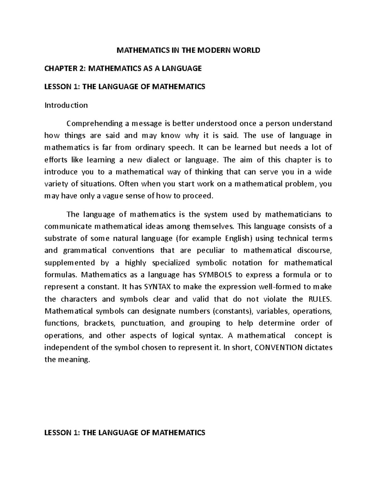 Math1 - Notes - MATHEMATICS IN THE MODERN WORLD CHAPTER 2: MATHEMATICS ...