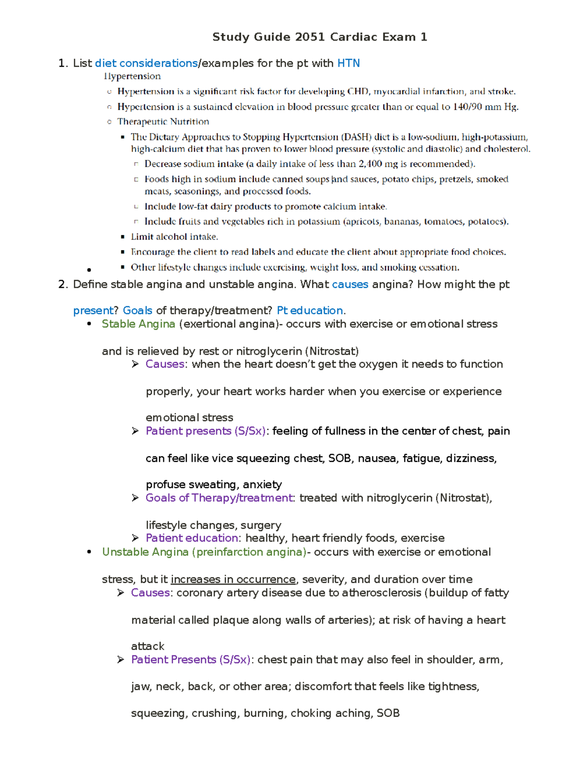 Cardio - Study Guide 2051 Cardiac Exam 1 List diet considerations ...