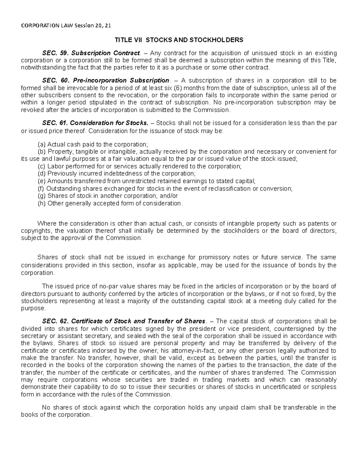 Corp. Code Session 20 21 Sec - CORPORATION LAW Session 20, 21 TITLE VII ...