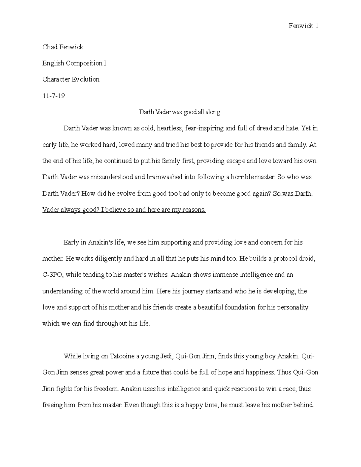 Character Evolution Section - Fenwick 1 Chad Fenwick English ...