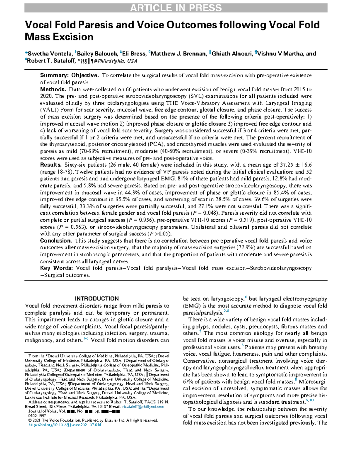 Paresia 2 - ... - Vocal Fold Paresis and Voice Outcomes following Vocal ...
