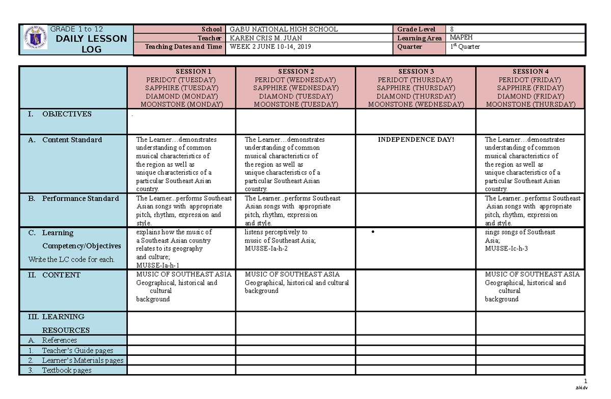 WEEK 2 - it is a daily lesson log - GRADE 1 to 12 DAILY LESSON LOG ...
