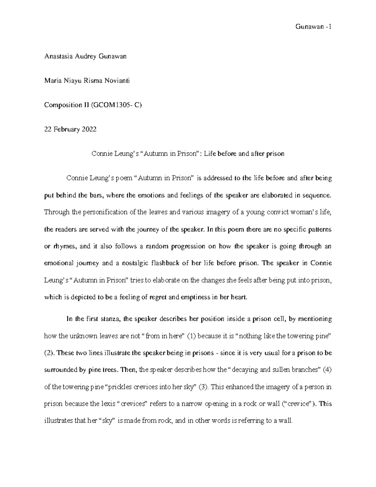 Autumn in Prison by Connie Leung - Anastasia Audrey Gunawan Maria Niayu ...