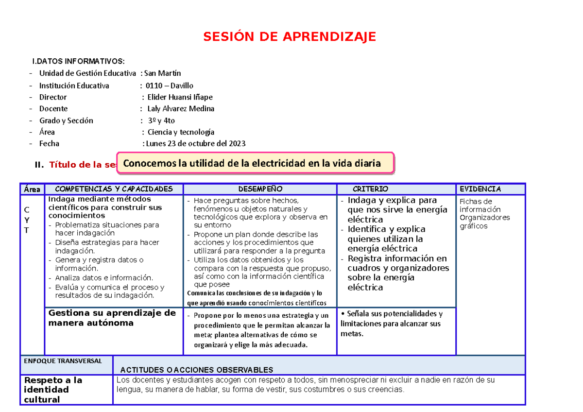 Lunes 23 CYT - fichas - SESIÓN DE APRENDIZAJE I INFORMATIVOS: - Unidad de Gestión Educativa ...