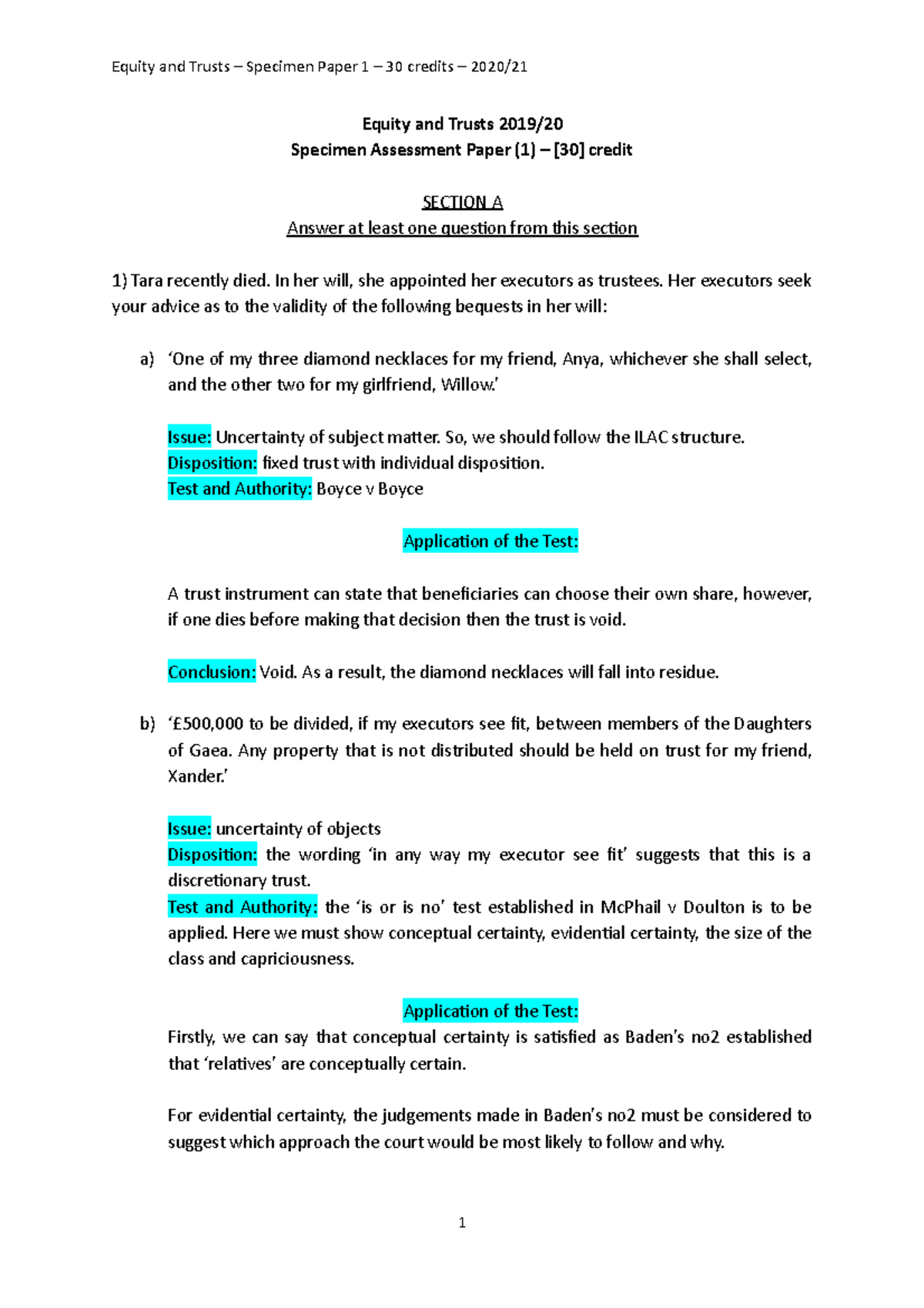 Specimen 1 30 credit - Equity and Trusts 2019/ Specimen Assessment ...