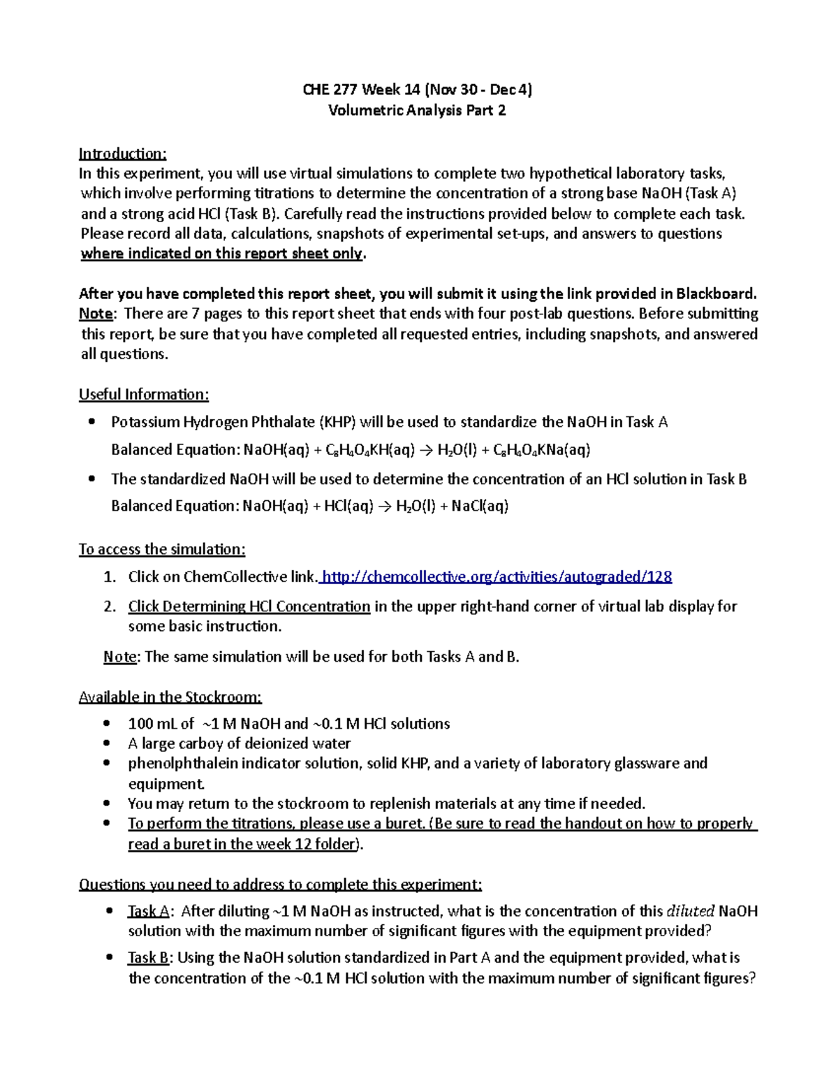 Report Sheet Volumetric Analysis Lab (Part 2) F20(1) - CHE 277 Week 14 ...