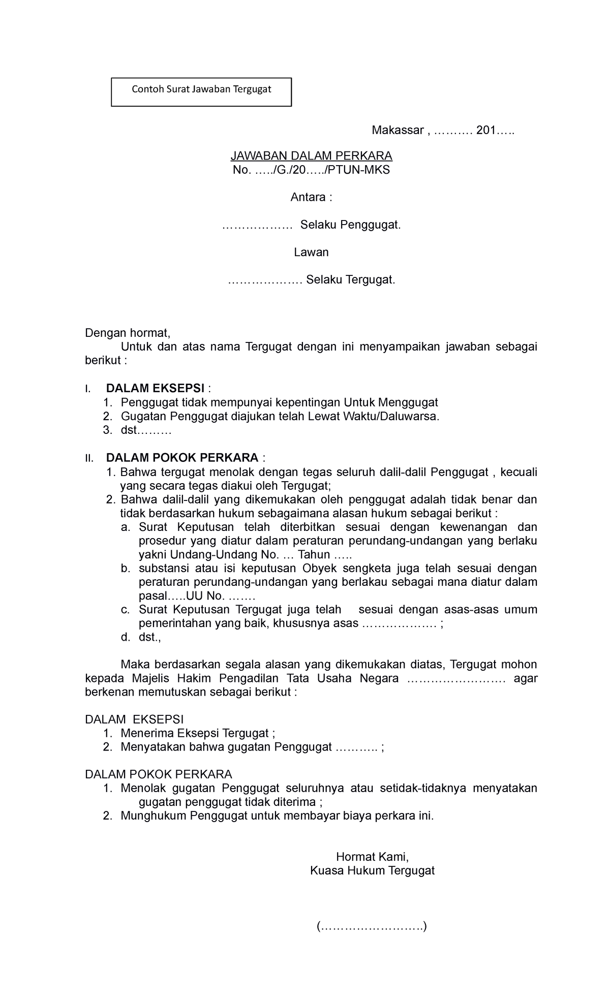Contoh Surat Jawaban Tergugat - Makassar , .......... 201..... JAWABAN ...