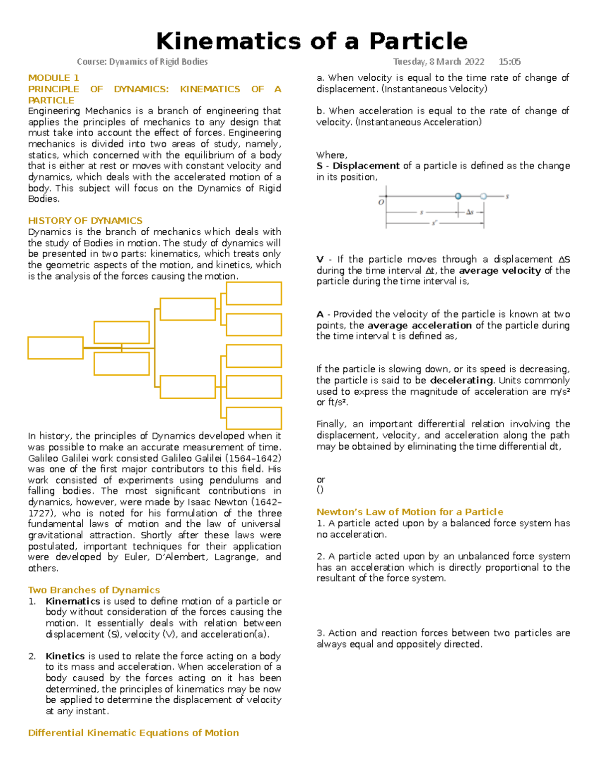 Kinematics of a particle [dynamics] - Kinematics of a Particle Course: Dynamics of Rigid Bodies ...