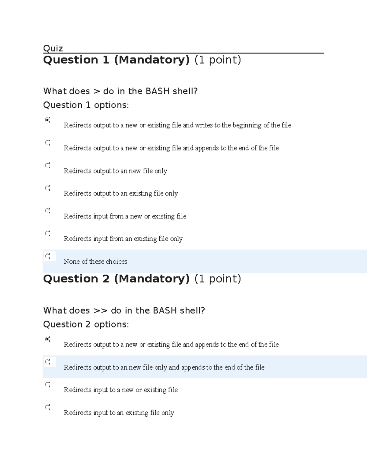 Hybrid Quiz bash 2 - Quiz Question 1 (Mandatory) (1 point) What does ...