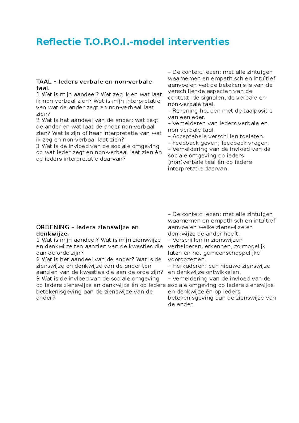 Reflectie topoi model - Reflectie T.O.P.O.-model interventies TAAL – Ieders verbale en non ...