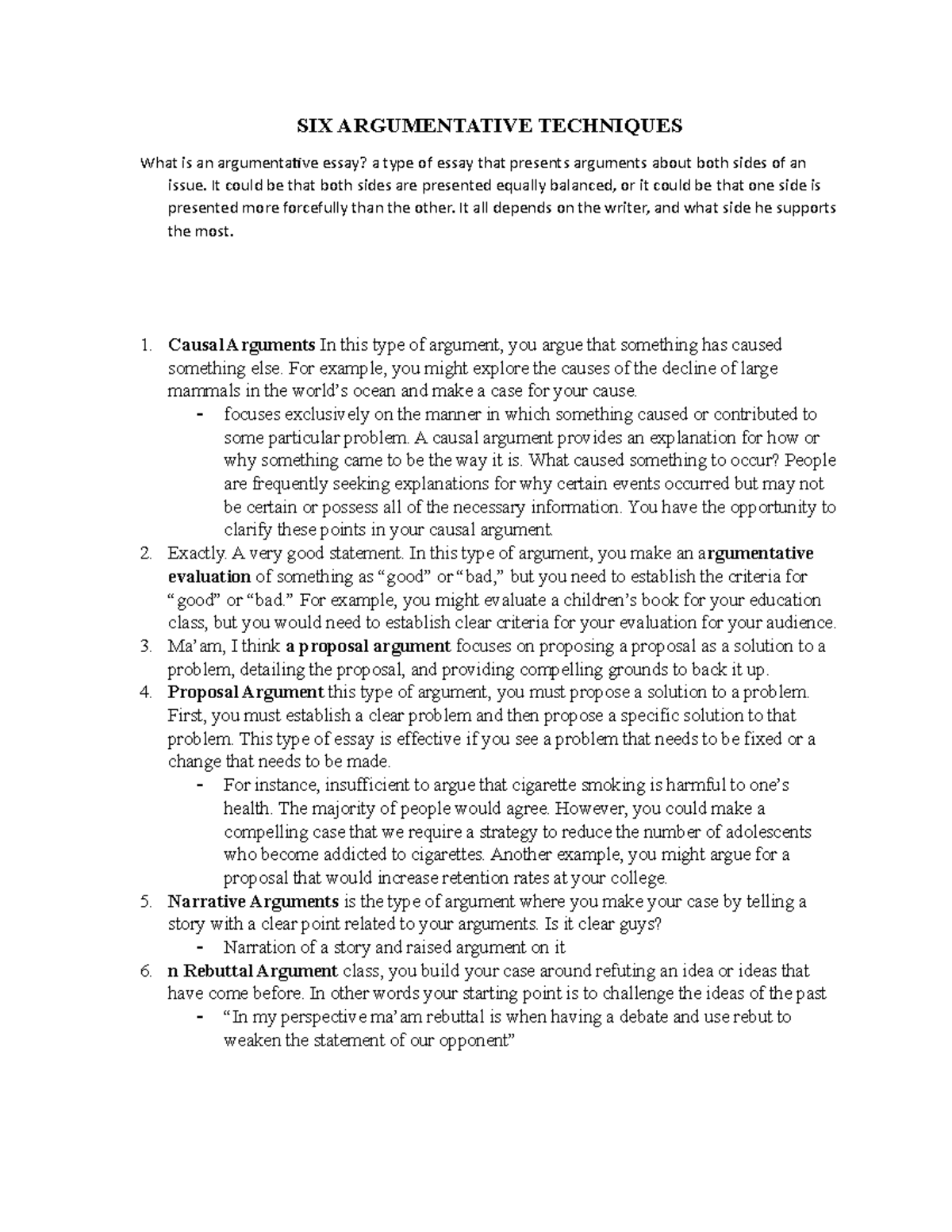 SIX Argumentative Techniques - SIX ARGUMENTATIVE TECHNIQUES What is an ...
