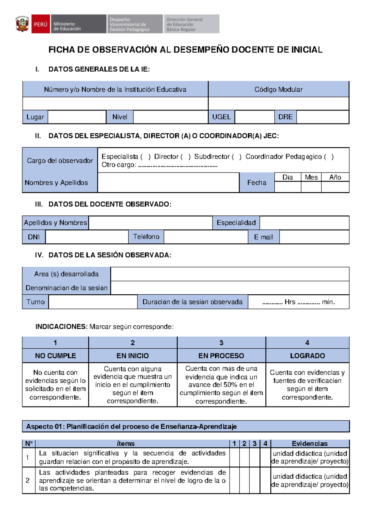Ficha de observación - docente de inicial - FICHA DE OBSERVACIÓN AL DESEMPEÑO DOCENTE DE INICIAL ...