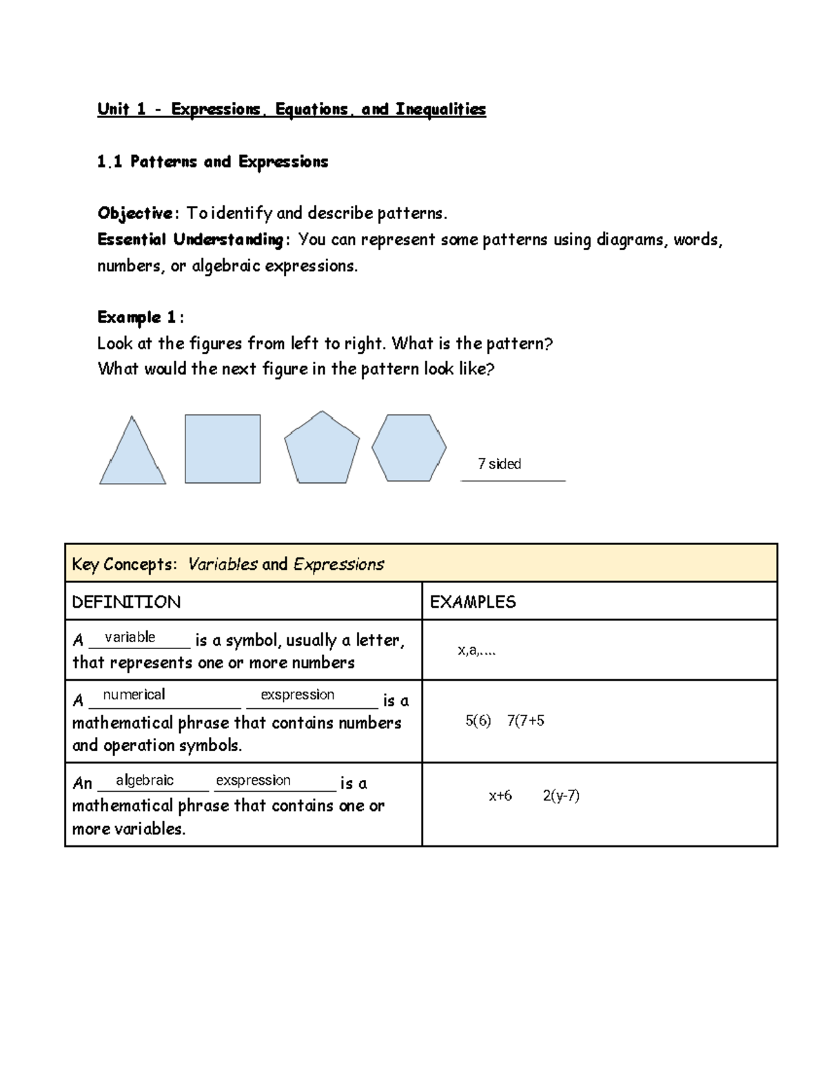 1.1 Patterns and Expressions Notes - Unit 1 - Expressions, Equations ...