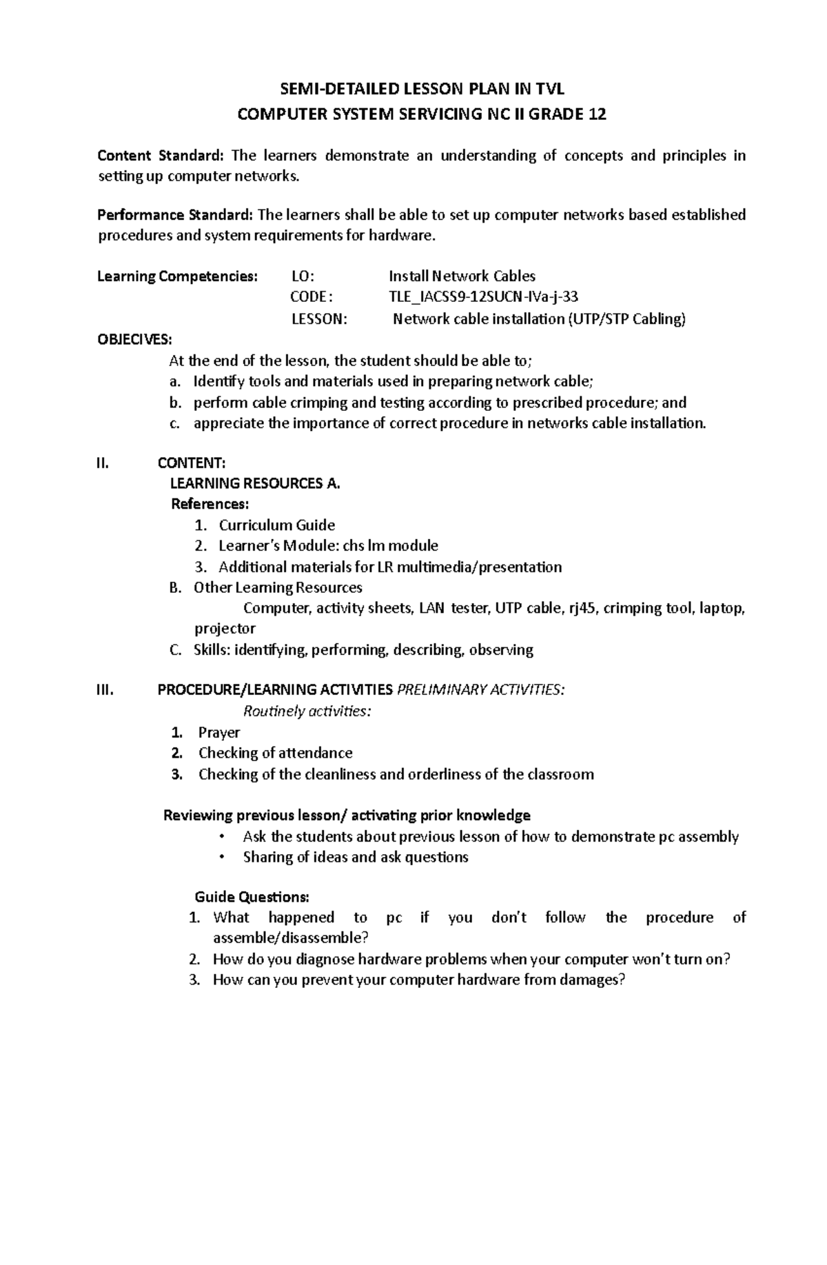 Semi details - SEMI-DETAILED LESSON PLAN IN TVL COMPUTER SYSTEM ...