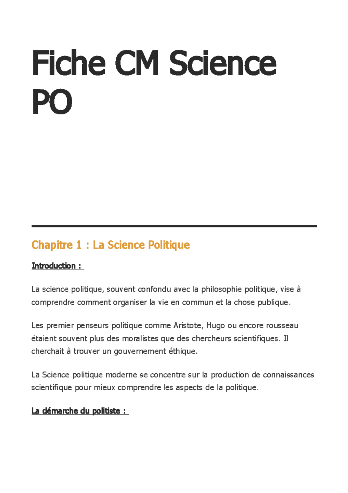 Fiche CM Science PO - Fiche CM Science PO Chapitre 1 : La Science ...