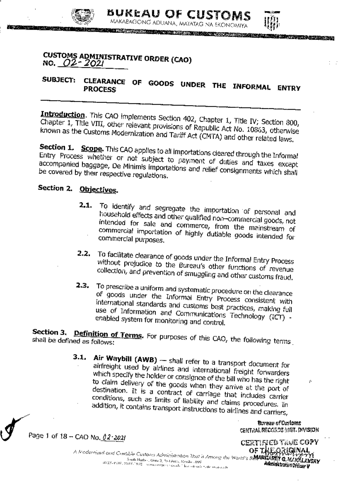 CAO-02-2021 GOOD Declaration Under Informal Entry - Customs ...