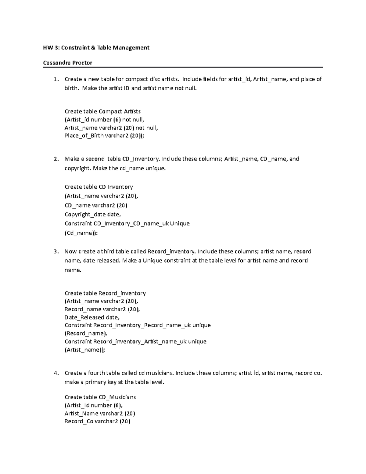 HW 3: Constraint Table Management Cassandra Proctor - Studocu
