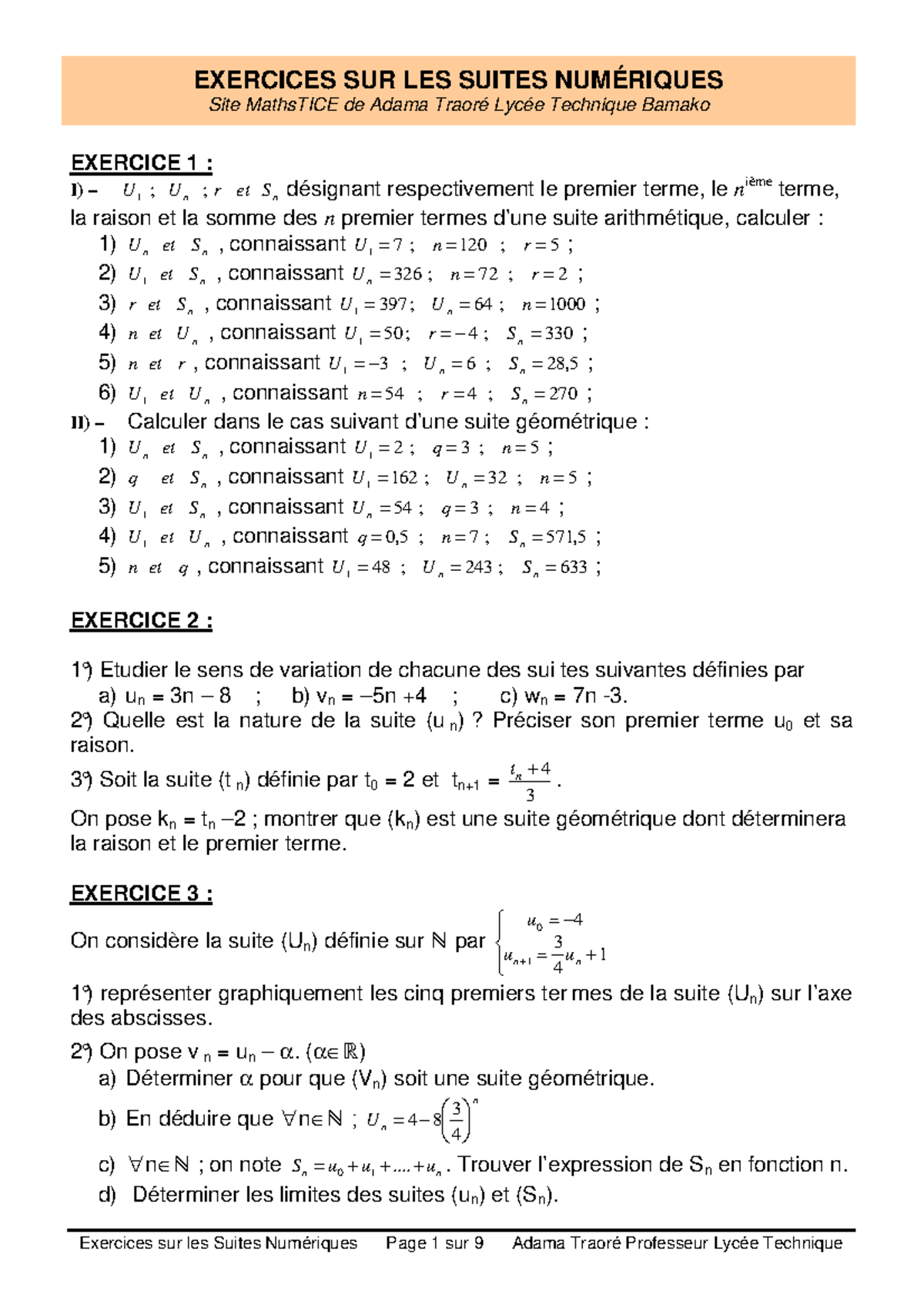 Null - EXERCICES SUR LES SUITES NUMÉRIQUES Site MathsTICE de Adama ...
