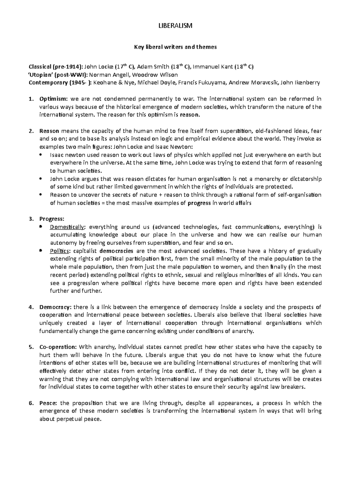 Liberalism Theory notes - Key liberal writers and themes Classical (pre ...