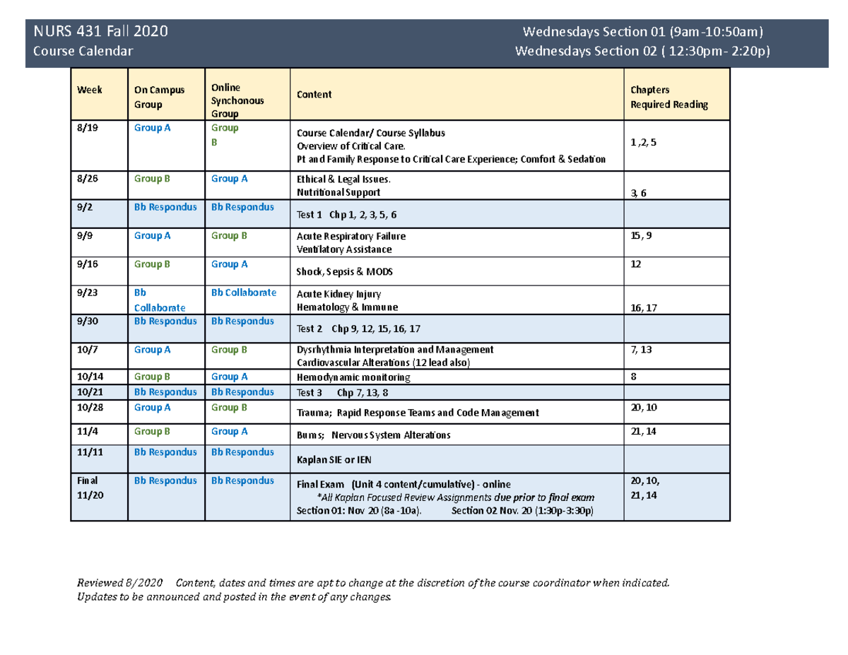 calendar 1234567 - NURS 431 Fall 2020 Wednesdays Section 01 (9am-10 ...