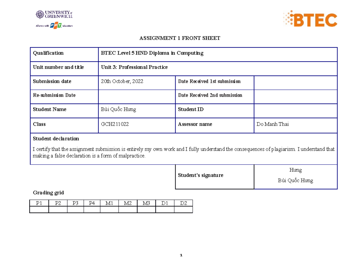 Greenwich 1622 Assignment 1 work by Bùi Quốc Hưng - ASSIGNMENT 1 FRONT SHEET Qualification BTEC ...