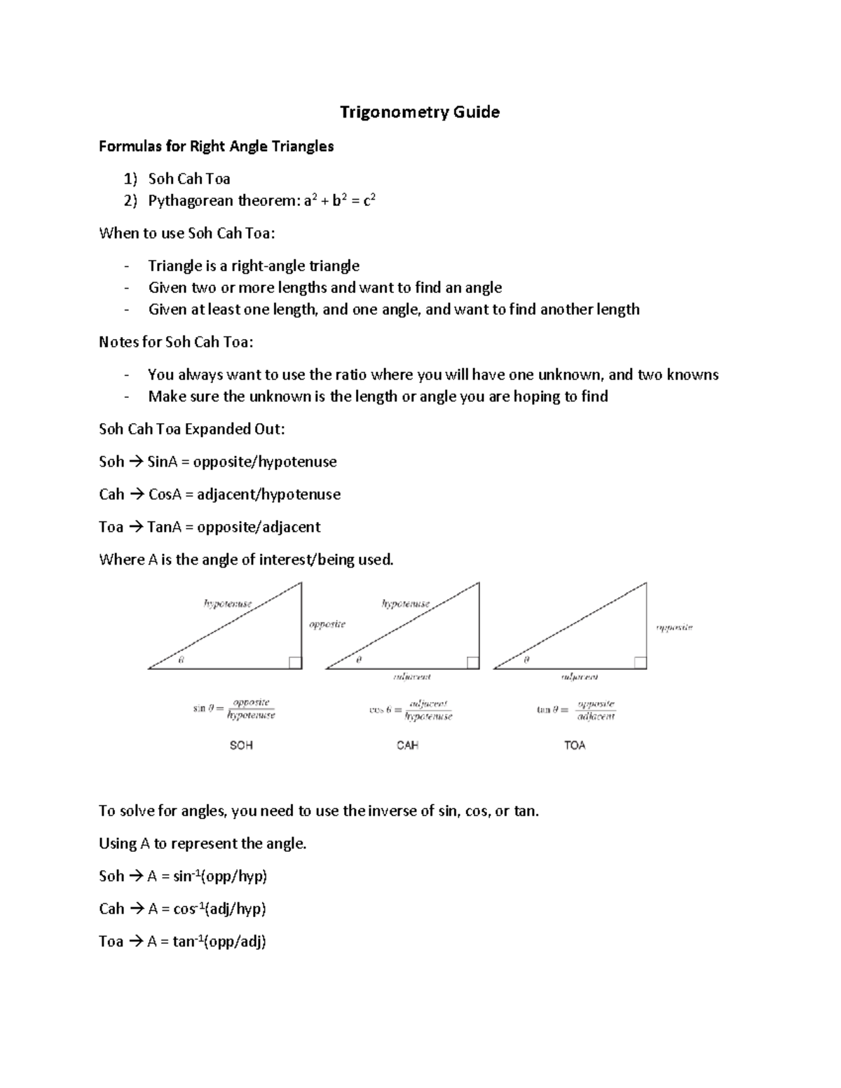 Unit 5 Trigonometry Guide - Trigonometry Guide Formulas for Right Angle ...