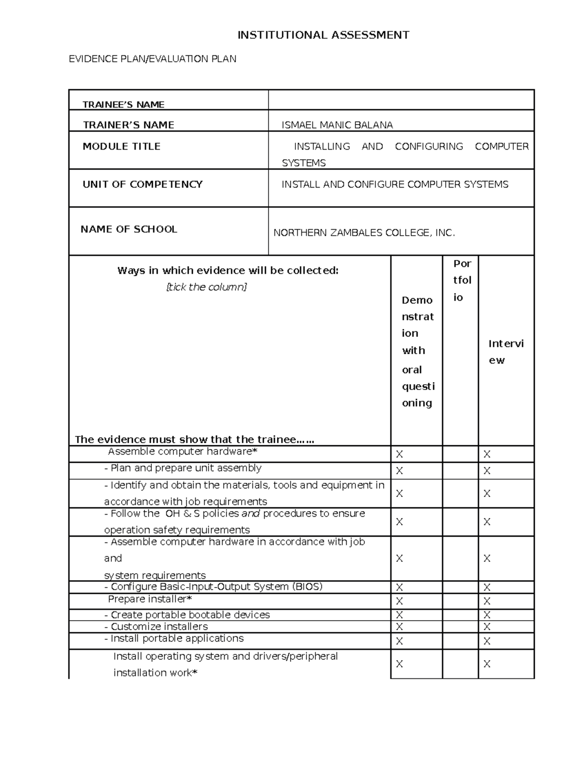 Institutional Assessment - INSTITUTIONAL ASSESSMENT EVIDENCE PLAN ...