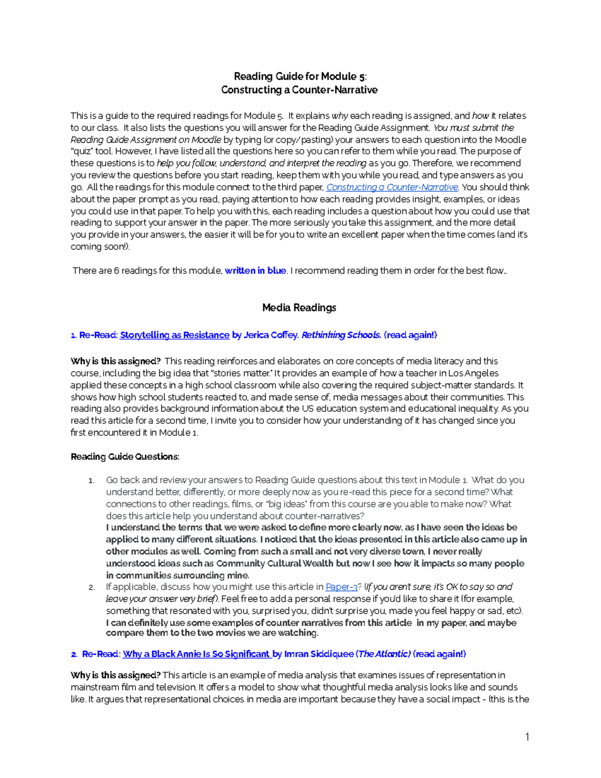 Module 5 Reading Guide - Reading Guide for Module 5: Constructing a Counter-Narrative This is a ...