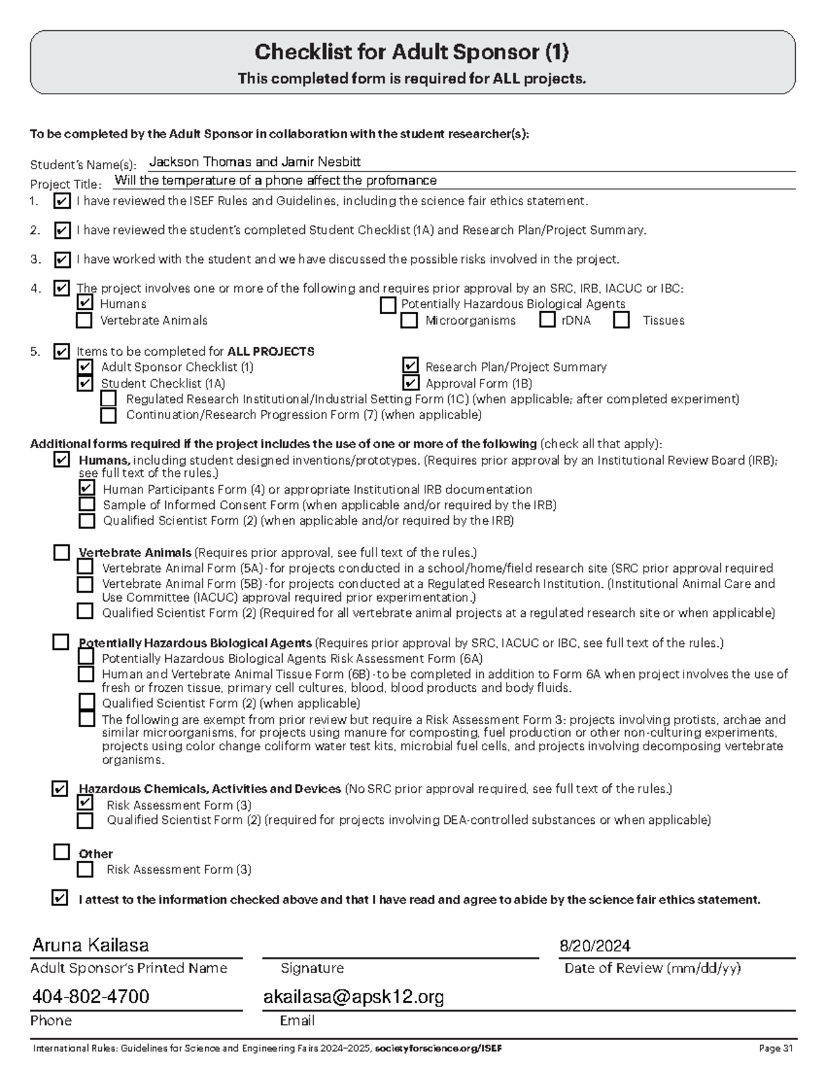 1 Checklist for Adult Sponsor - Adult Sponsor’s Printed Name Signature ...