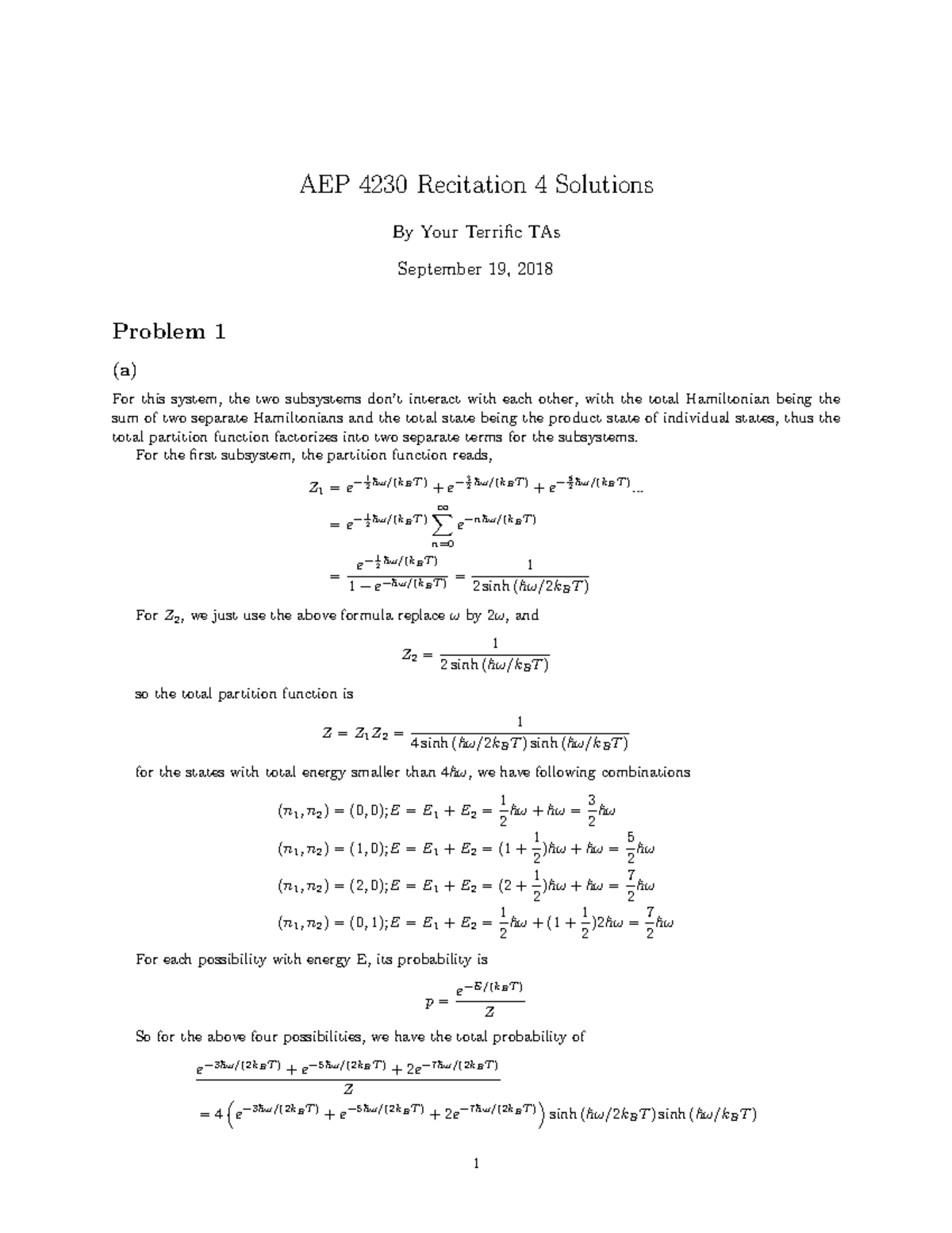 Solution Recitation 4 - AEP 4230 Recitation 4 Solutions Your Terrific TAs September 19, 2018 ...
