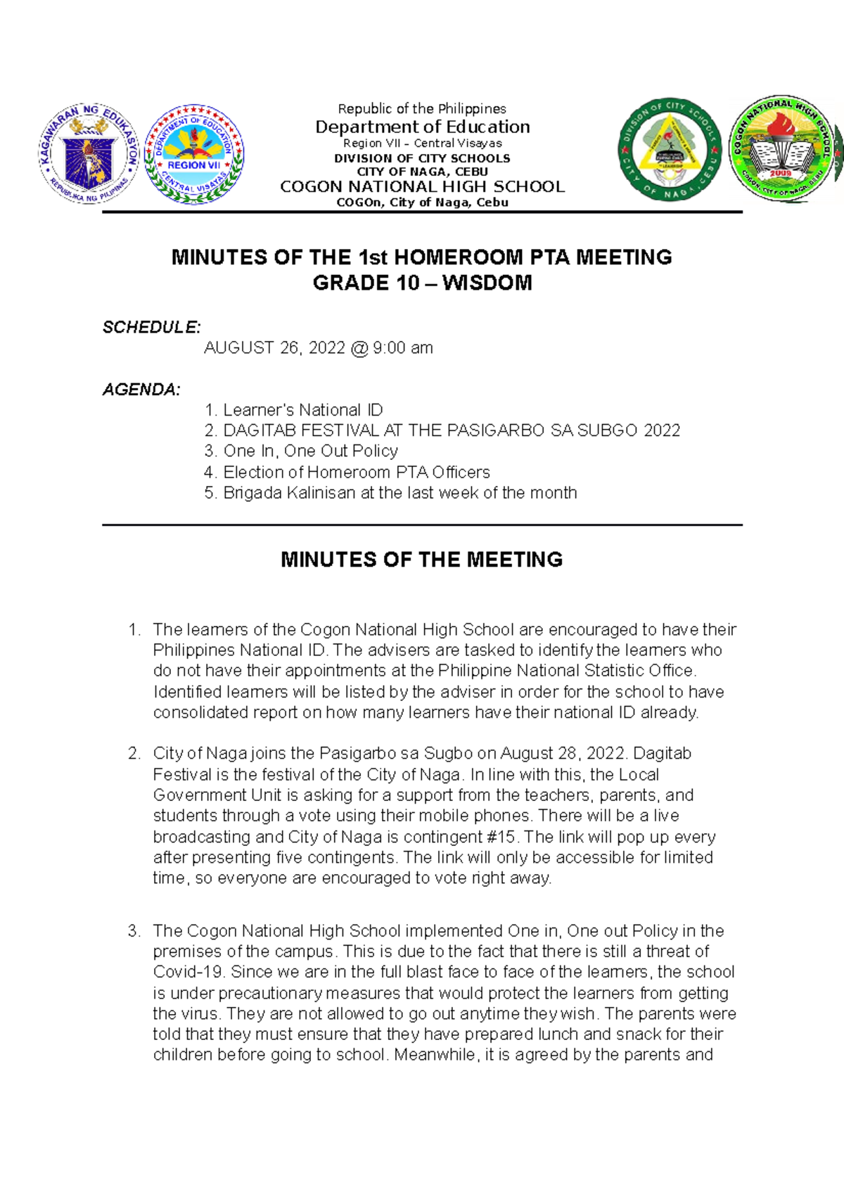 CNHS 1sthomeroom PTA meeting - Republic of the Philippines Department ...