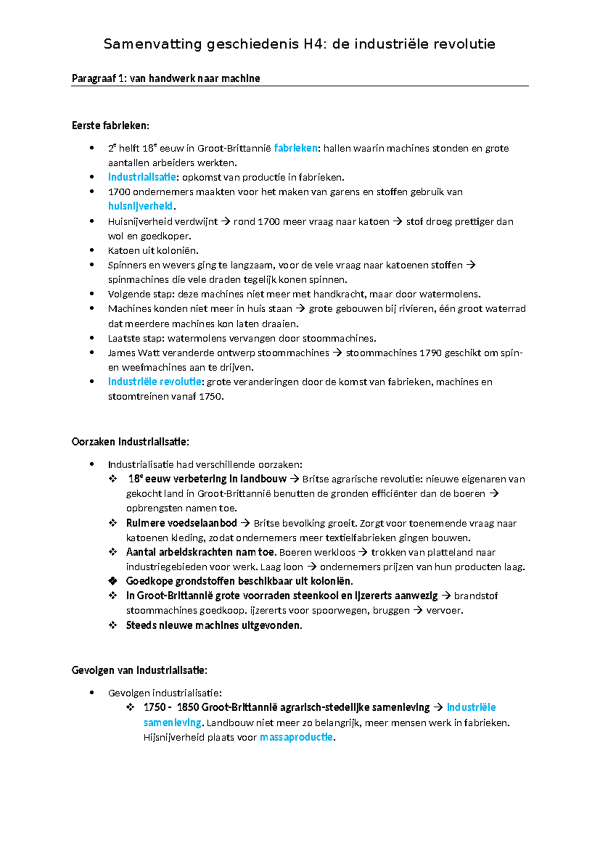 Samenvattin gs h4 klas 2 industriële revolutie - Paragraaf 1: van handwerk naar machine Eerste ...