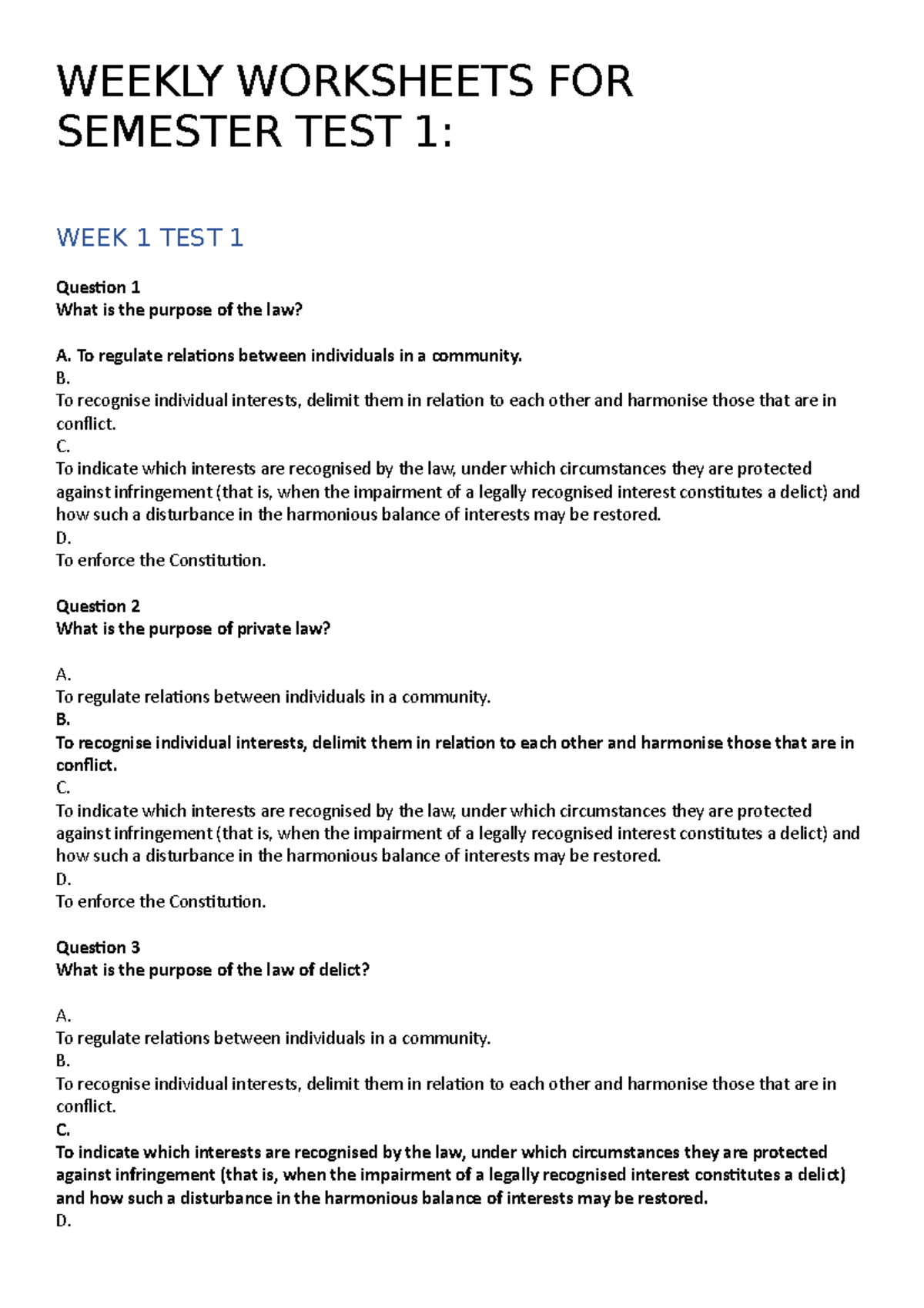 Weekly Worksheets FOR Semester TEST 1 - WEEKLY WORKSHEETS FOR SEMESTER ...