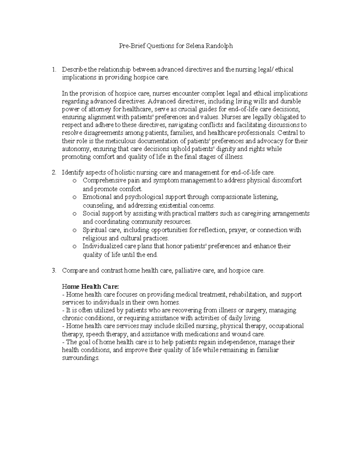 Pre-Brief Questions SIMS#2 - Pre-Brief Questions for Selena Randolph ...