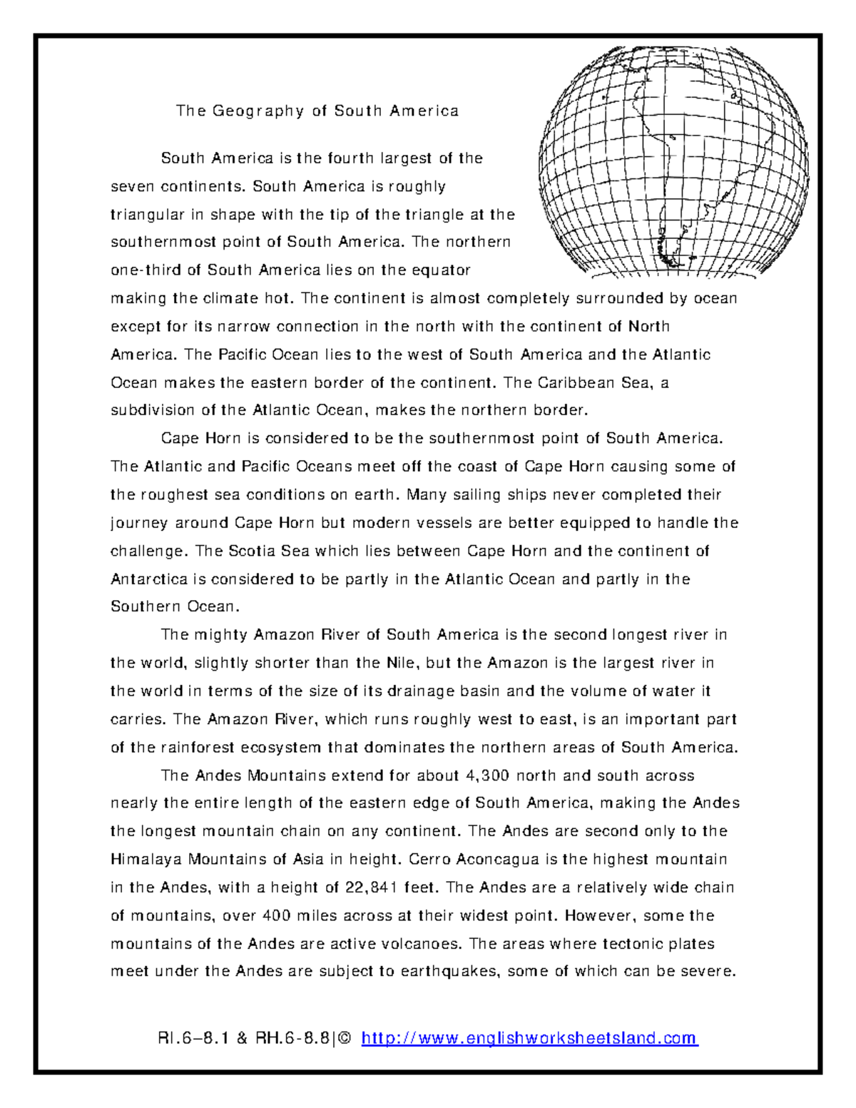 Geography of South America - RI–8 & RH.6-8|© englishworksheetsland The ...