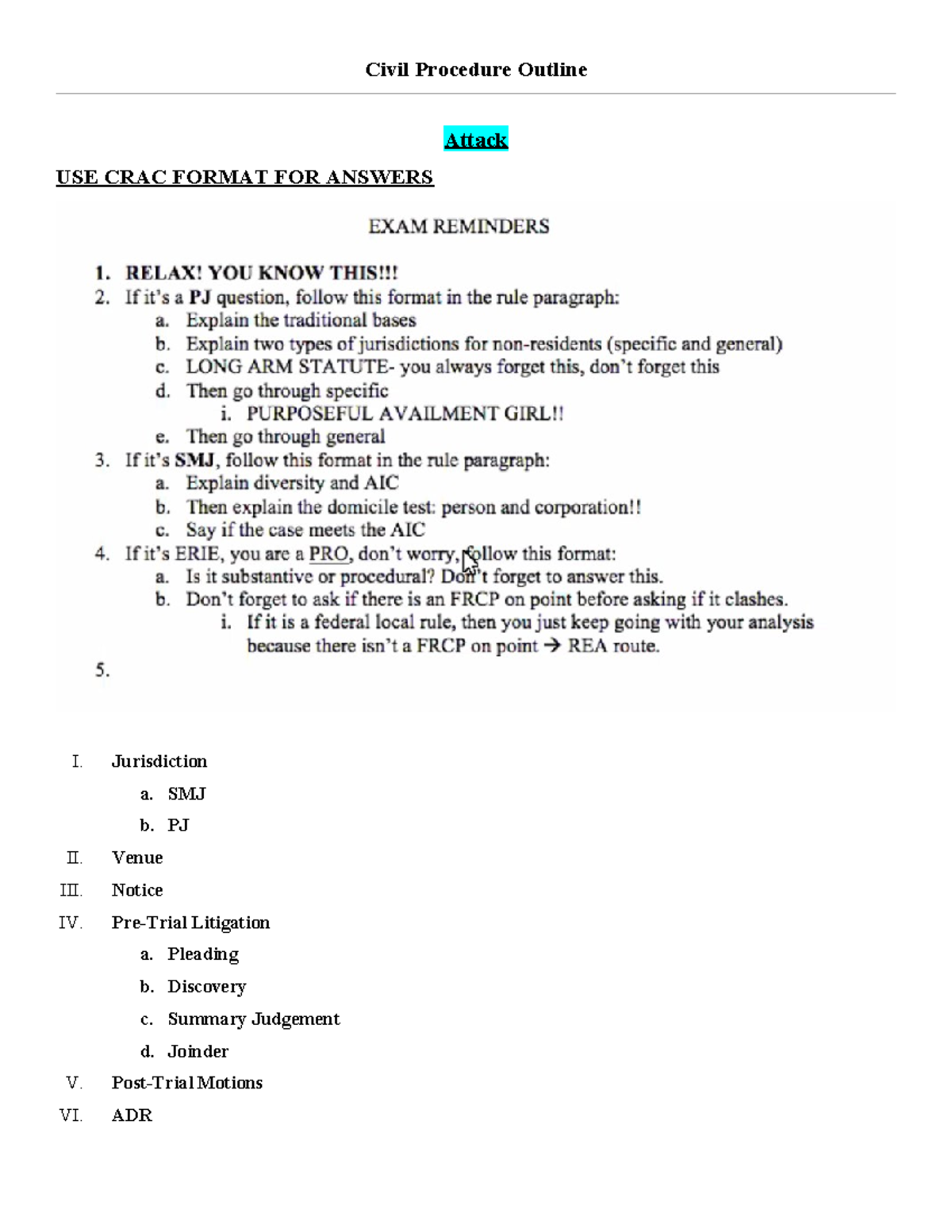 Civ Pro Outline Final - Civil Procedure Outline Attack USE CRAC FORMAT ...