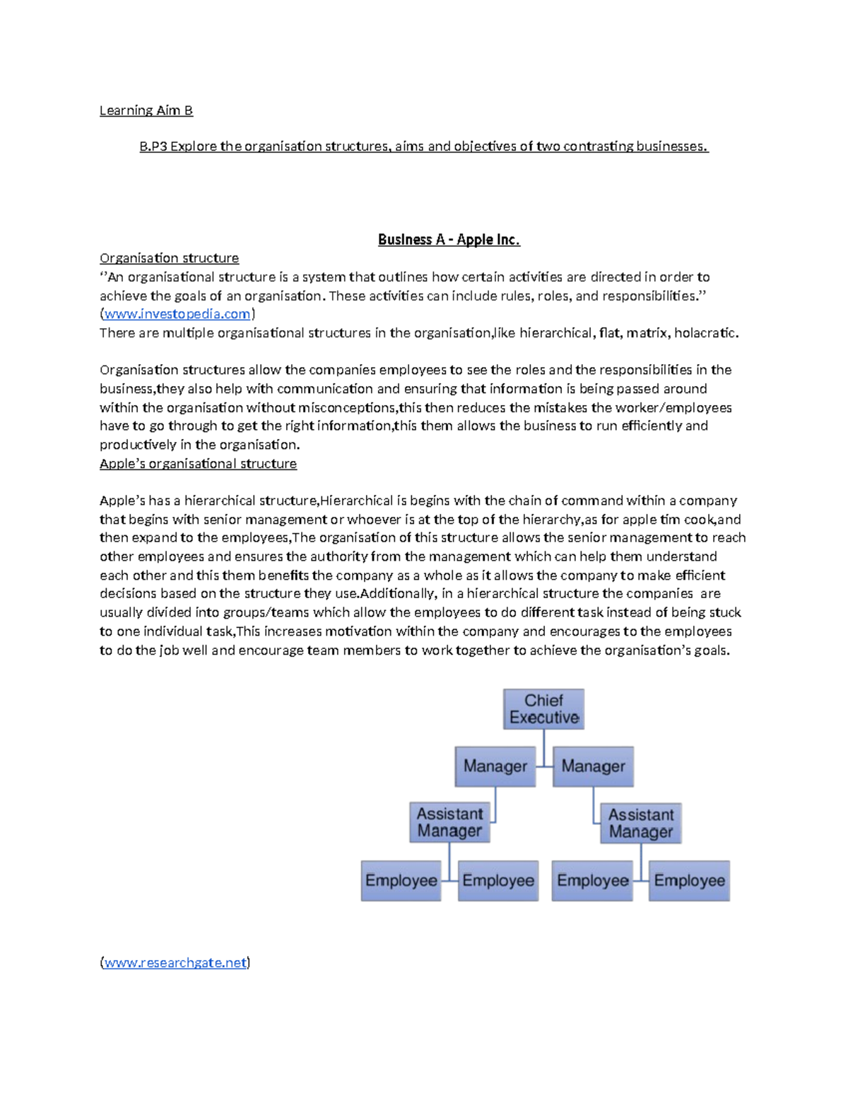 Btec business LAB P3 - Learning Aim B B Explore the organisation ...