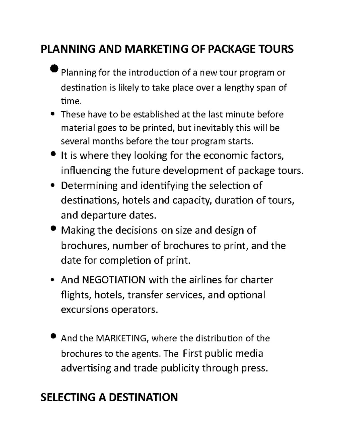 Planning AND Marketing OF Package Tours 1 - PLANNING AND MARKETING OF ...