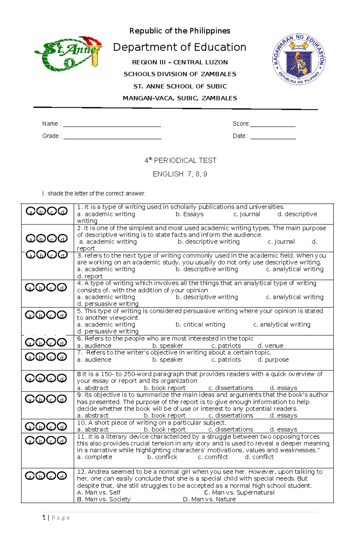 4th Periodical TEST IN English - Republic of the Philippines Department ...