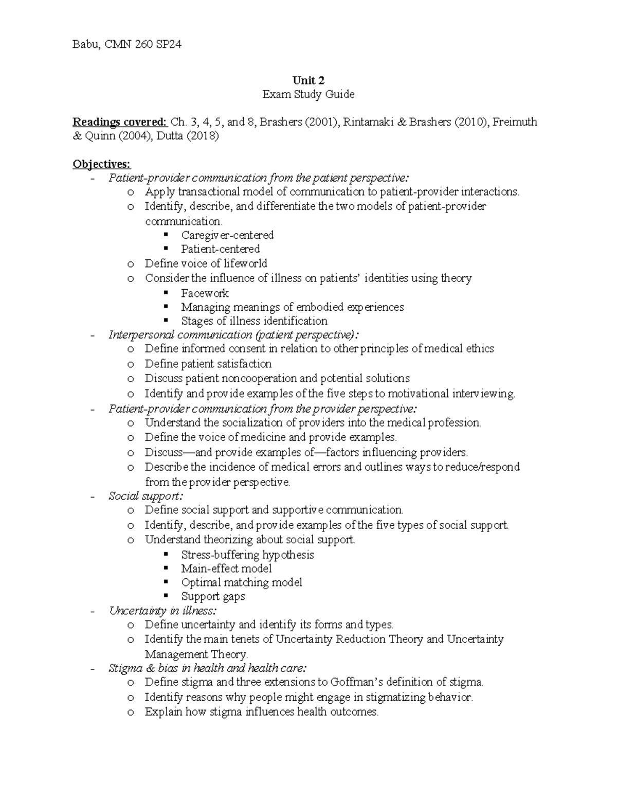 Unit 2 study guide - Babu, CMN 260 SP Unit 2 Exam Study Guide Readings ...
