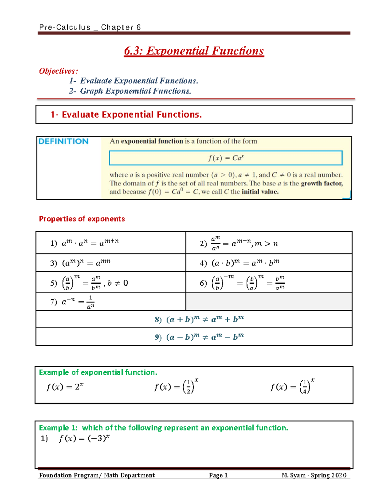 6.3 Exponential Function Spring 2020 - 6: Exponential Functions ...