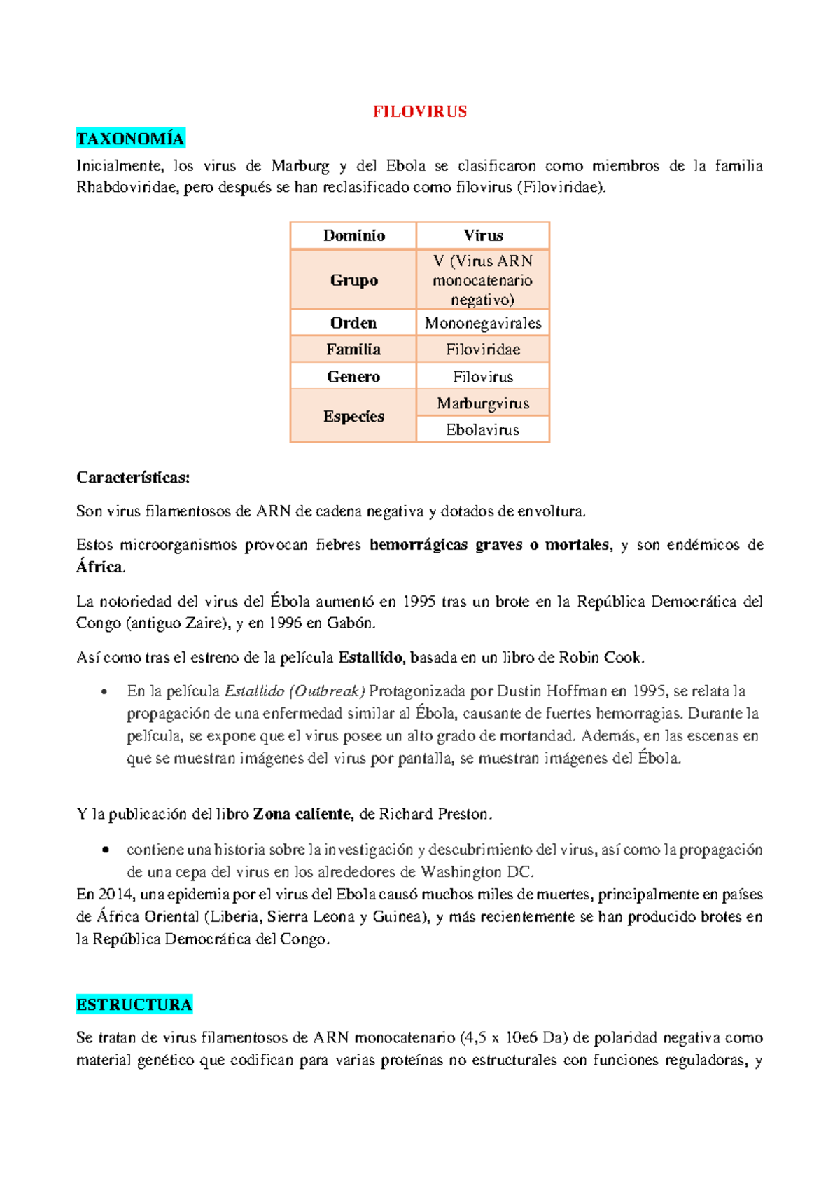Filovirus - virus - FILOVIRUS TAXONOMÍA Inicialmente, los virus de ...