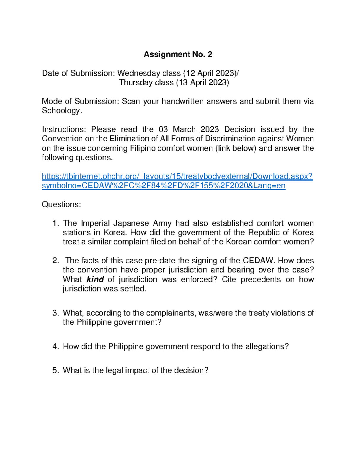 Cedaw Assignment - efefewf - Assignment No. 2 Date of Submission ...